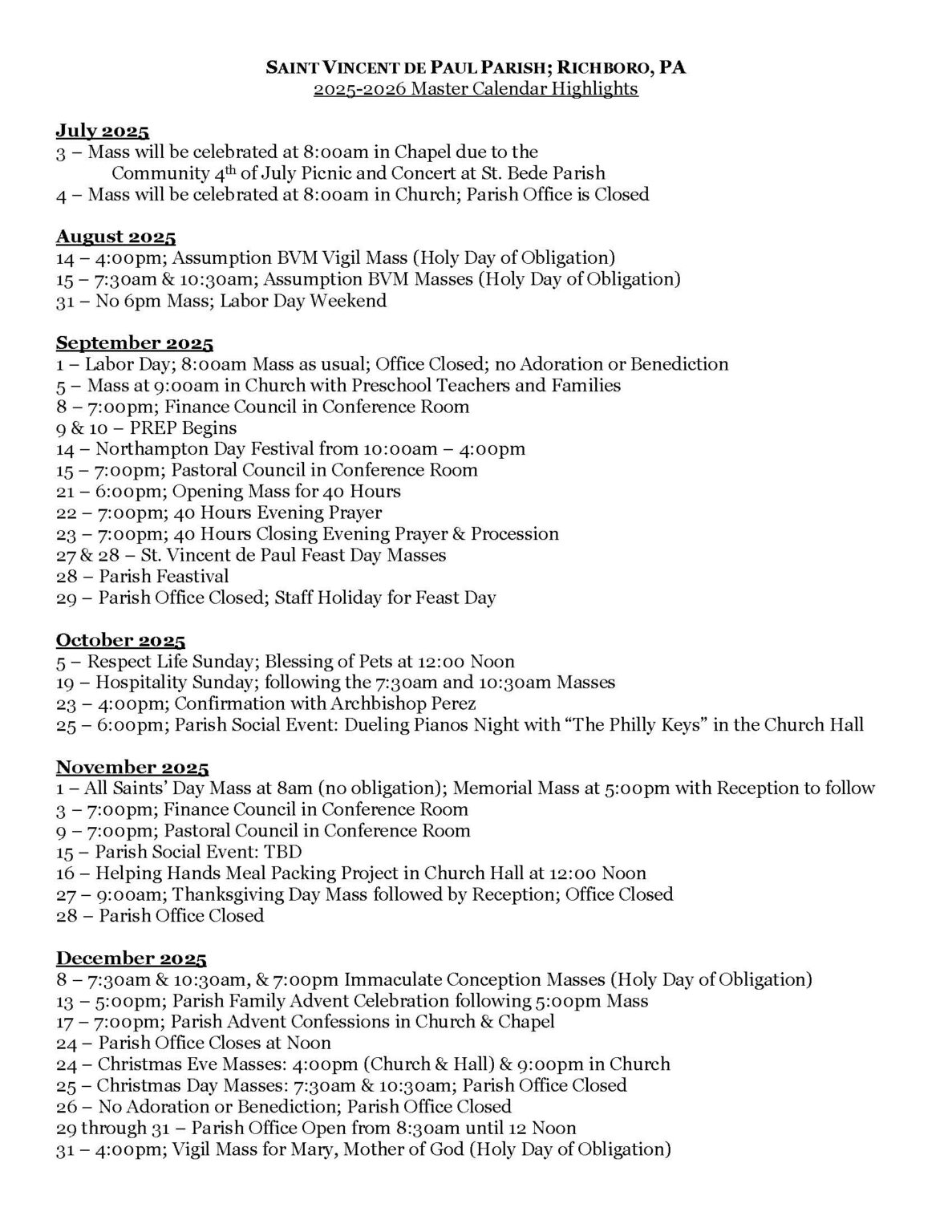 Master Calendar Highlights 2025-2026 - St. Vincent de Paul Church